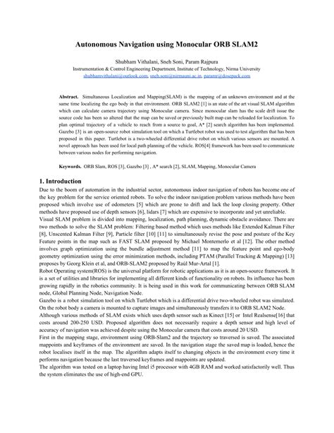 Pdf Autonomous Navigation Using Monocular Orb Slam2
