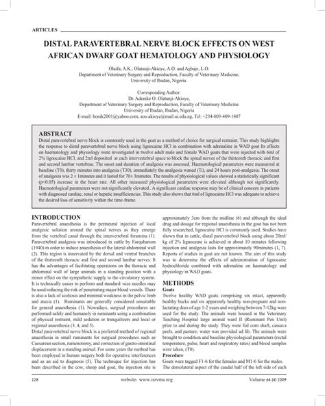 Pdf Distal Paravertebral Nerve Block Effects On West African Dwarf Goat Haematology And Physiology