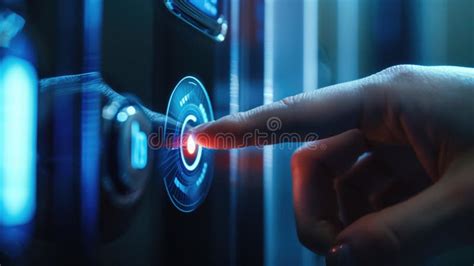 Futuristic Scene Of A Hand Pressing A Glowing Digital Interface Button On A High Tech Screen