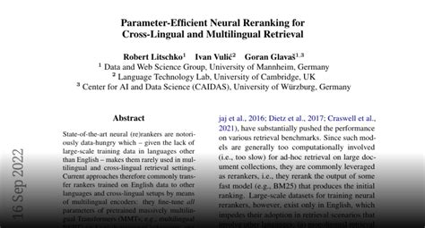 Paper Page Parameter Efficient Neural Reranking For Cross Lingual And