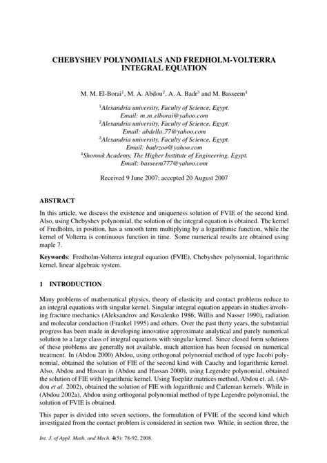 Pdf Chebyshev Polynomials And Fredholm Volterra Integral Equation