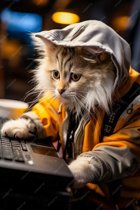 Premium Ai Image Cat Wearing Hoodie Sitting On Top Of Laptop Computer Generative Ai
