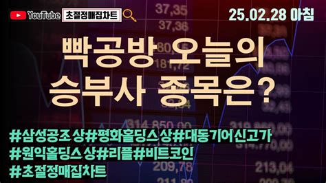 초절정매집차트 2025년2월28일빡공방 오늘의 승부사 종목은삼성공조상한가평화홀딩스상한가대동기어신고가원익홀딩스