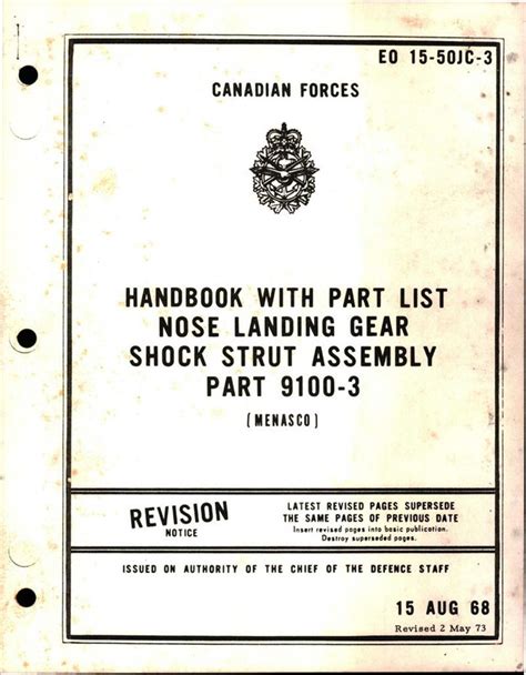 Handbook With Parts List For Nose Landing Gear Shock Strut Assembly Part 9100 3 Aircorps Library