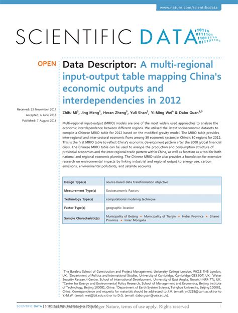 Pdf A Multi Regional Input Output Table Mapping Chinas Economic Outputs And Interdependencies