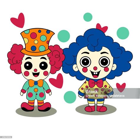 두 명의 광대 연단에 서커스단에서 소녀와 소년 흰색 배경에 손으로 그린 디지털 일러스트레이션 귀여운에 대한 스톡 벡터 아트 및