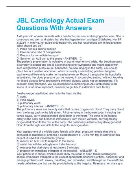Jbl Cardiology Actual Exam Questions With Answers Jbl Stuvia Us