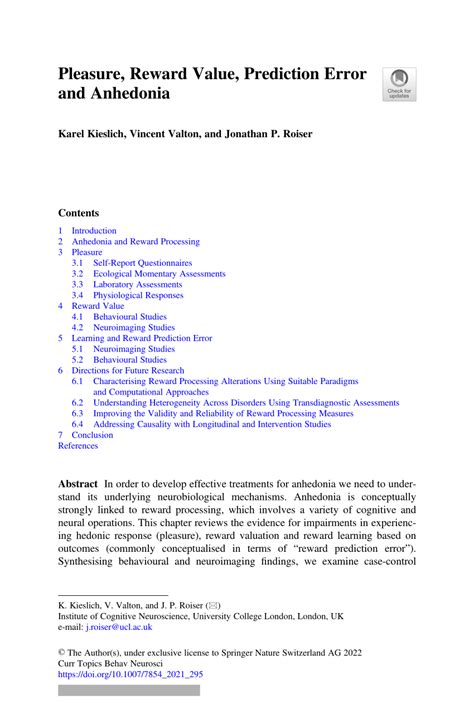PDF Pleasure Reward Value Prediction Error And Anhedonia