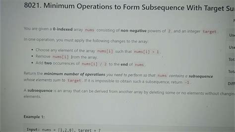 Minimum Operations To Form Subsequence With Target Sum Leetcode Contest Youtube