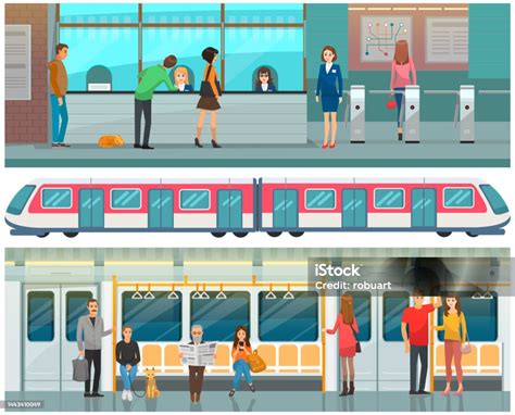 역 플랫폼에 서서 지하철을 타고 여행하고 지하철에서 검문소를 통과하는 사람들 철도에 대한 스톡 벡터 아트 및 기타 이미지 철도 사람들 지하철 철도 Istock