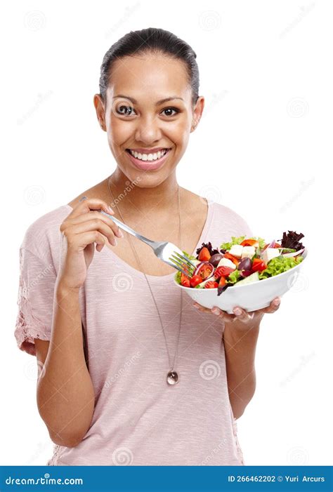 Woman Eating Salad And Healthy Food With Diet And Nutrition Detox And Wellness Isolated On