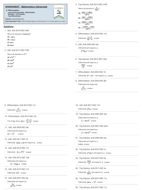 Differentiation Worksheet Hsc Questions W Solutions Download Free Pdf Derivative Calculus Differentiation Worksheet Hsc Questions W Solutions Download Free Pdf Derivative Calculus