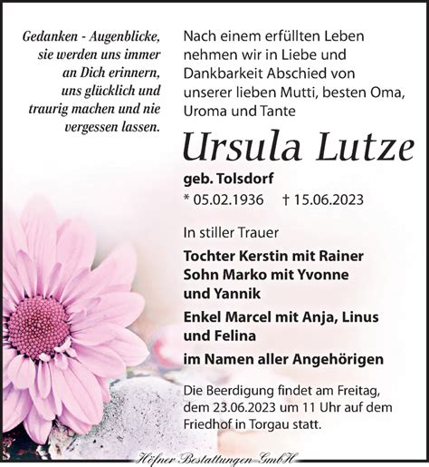 Traueranzeigen Von Ursula Lutze Trauer Anzeigen De