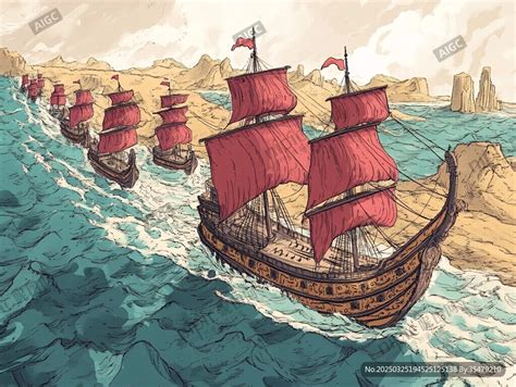 Ai创作图古代 船队 帆船 海洋 航行 波浪 船只 航海 航线 探险 海风 礁石 水域 征程 昵图网