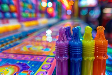 Vibrant Colored Plastic Game Pieces In Arcade Setting With Bright Lights And Vivid Patterns