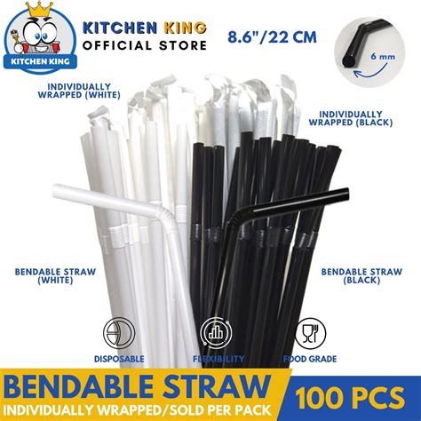 [100s] Bendable Straw Black White Plastic Straw Individually Wrapped No Wrap Shopee