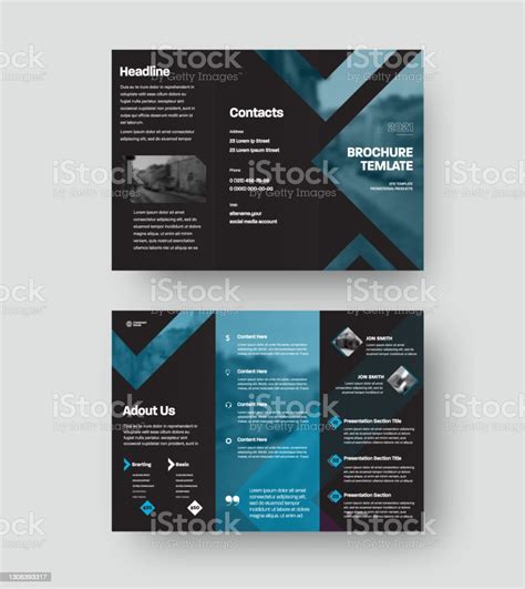 회사 정보 창의적인 디자인 삼각형 사진의 삽입을 검은 배경에 표시하여 벡터 트리폴드 3단 브로슈어에 대한 스톡 벡터 아트 및 기타 이미지 3단 브로슈어 형판 디자인