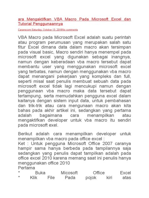 Cara Mengaktifkan Vba Macro Pada Microsoft Excel Pdf