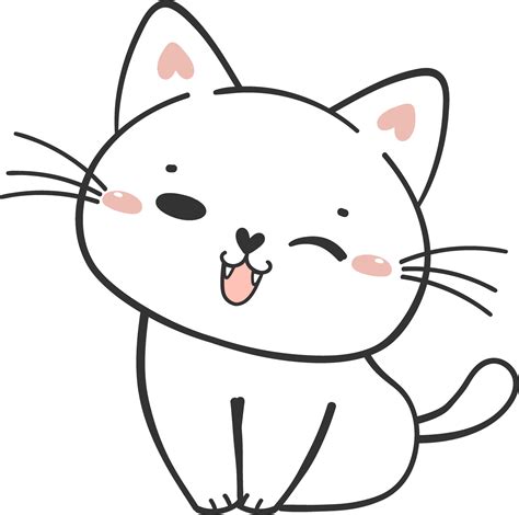Cute Funny Happy White Kitten Cat Cartoon Character Doodle Drawing