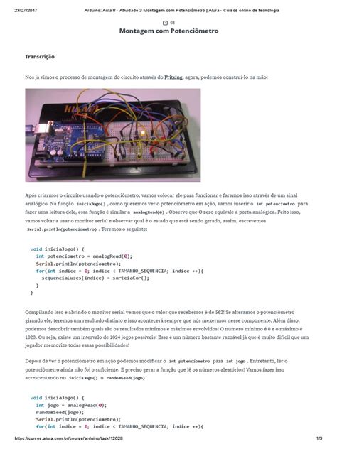 Arduino Aula 8 Atividade 3 Montagem Com Potenciômetro Alura