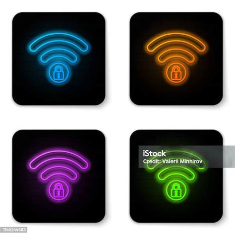 빛나는 네온 와이파이 잠금 기호 아이콘 흰색 배경에 고립 암호 Wifi 기호입니다 무선 네트워크 아이콘입니다 와이파이 존 검은색
