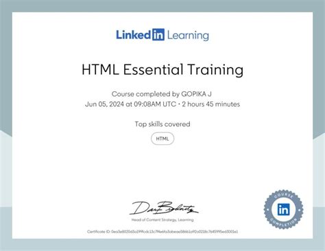 Completed Html Essential Training On Linkedin Learning Gopika J Posted On The Topic Linkedin