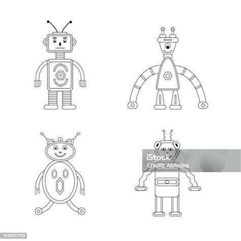 만화 로봇의 색칠 공부 페이지 개요 어린이를위한 벡터 세트 색칠 공부 책 어린이를위한 만화 로봇의 개요 벡터로 제작되었습니다 로봇에 대한 스톡 벡터 아트 및 기타 이미지