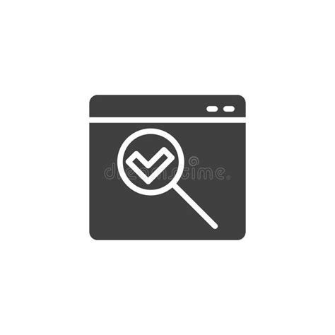 web page with a magnifying glass and check mark vector icon stock