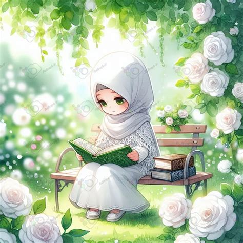 بک گراند کودکانه دختر ناز با حجاب نشسته روی نیمکت در حال مطالعه در باغ رز سپید کد 41561 ویژه عکس