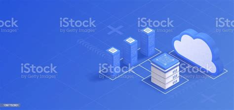 클라우드 스토리지 아이소메트릭 그림입니다 데이터 서버 플랫폼 컴퓨터 서비스 기술 네트워크 인프라 스폰서에 대한 스톡 벡터 아트