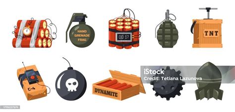 만화 폭탄 세트 다이너마이트 및 폭탄 군용 폭발성 탄약 장치 및 포병 게임 자산 벡터 컬렉션 위험한 장비 폭발 손 곡물 파편 Tnt 절연 세트 다이너마이트에 대한 스톡 벡터