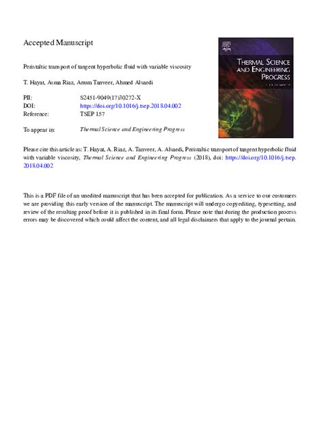 Pdf Peristaltic Transport Of Tangent Hyperbolic Fluid With Variable