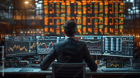 Back View Of A Financial Analyst Day Trader Working On Computer With