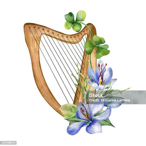 하프와 봄 꽃 수채화 그림 절연 통하고 있는 White 크로커스와 현악기로 그린 그린 클로버 아일랜드 상징 손으로 그렸습니다 성 패트릭의 날 봄을 위한 디자인 디자인에 대한