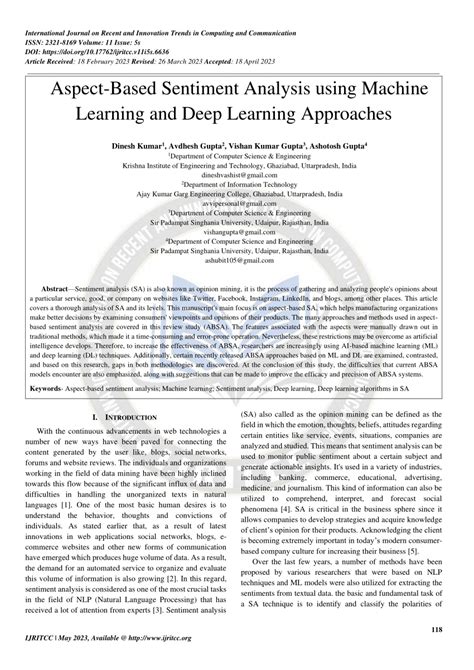 PDF Aspect Based Sentiment Analysis Using Machine Learning And Deep Learning Approaches