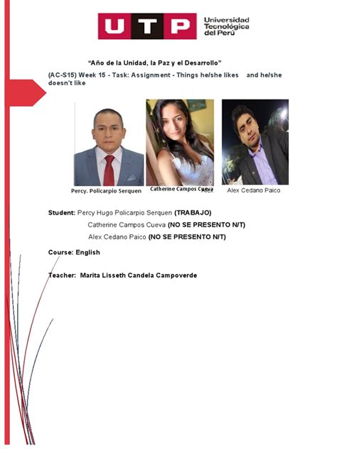 Semana 15 Task Assignment Things He She Likes And He She Doesnt Like Pdf