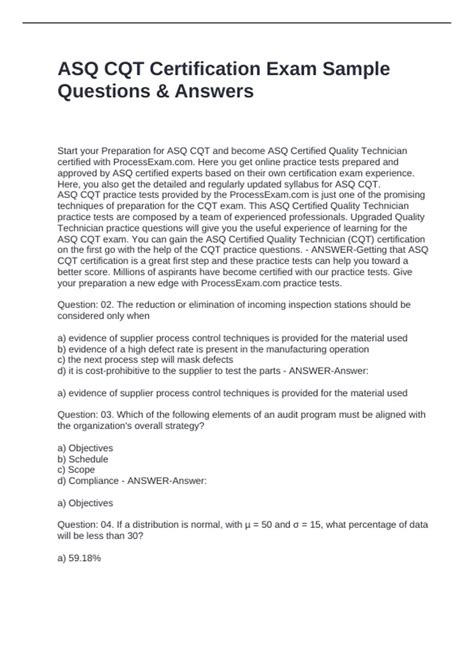 Asq Cqt Certification Exam Sample Questions And Answers Asq Stuvia Us