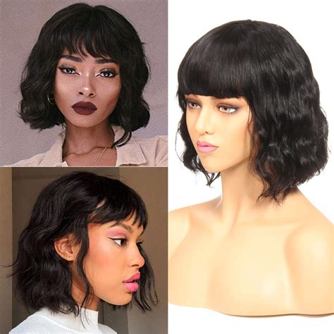 Buy Short Bob Human Hair Wig Black Curly Wigs For Women Wavy Hair With Fringe 150 Density None