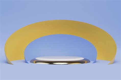 큰 황금 아치와 파란색 배경에 제품을 배치하기위한 둥근 연단 3d 렌더링 0명에 대한 스톡 사진 및 기타 이미지 0명 강단 개념 Istock
