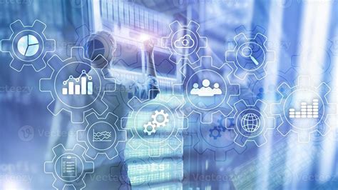 Business Process Abstract Diagram With Gears And Icons Workflow And Automation Technology