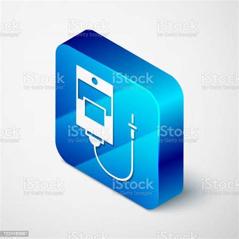 회색 배경에 격리 된 아이소메트릭 Iv 가방 아이콘입니다 혈액 가방 혈액 개념을 기증하십시오 치료 와 치료 화학 요법의 개념 파란색 사각형 버튼입니다 벡터 일러스트레이션