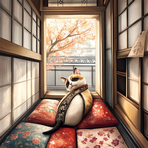 따뜻한 햇살이 비치는 창가에 앉아 있는 한국의 전통적인 한옥 스타일의 방 안에서 졸고 있는 귀여운 고양이 고양이의 털은 부드럽고 윤기가 나며 주위에는 꽃무늬가 있는