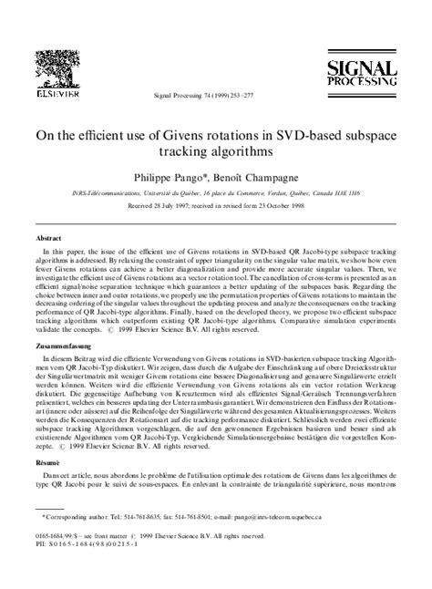 Pdf On The Efficient Use Of Givens Rotations In Svd Based Subspace Tracking Algorithms