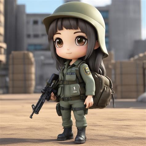 Premium Ai Image A Chibi Cartoon Tyle3dbrazilian Army Character Girl With Gun Jacket Using A
