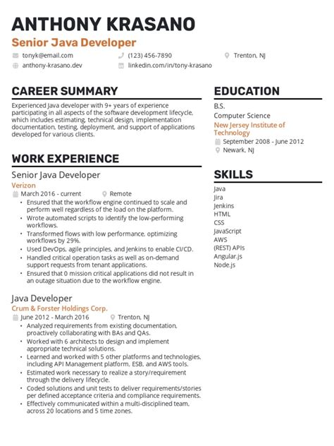 Experienced Senior Java Developer Resume Pdf Software Engineering Software Development