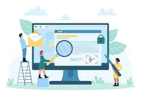 Digital Document Signing Tiny People Holding Magnifying Glass And Pen To Sign Legal Form Stock