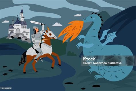 갑옷을 입은 기사와 멋진 용 중세 동화 속 인물 성과의 전투 칼을 든 영웅 신화 속의 짐승을 공격하는 왕자 괴물과 싸워라 화려한