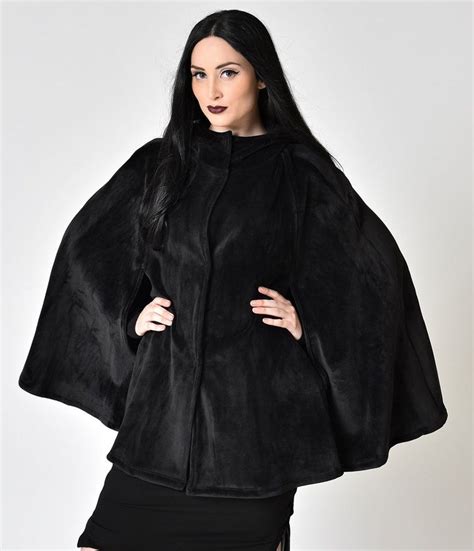 Unique Vintage Black Velour Witch Of Winds Button Up Hooded Cloak
