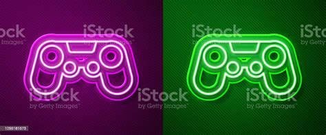 보라색과 녹색 배경에 고립 된 빛나는 네온 라인 게임 패드 아이콘 게임 컨트롤러 벡터 일러스트레이션 Brand Name Video Game에 대한 스톡 벡터 아트 및 기타
