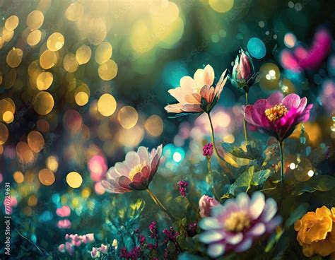 다양한 꽃들이 어우러진 정원 자연의 색감이 빚어내는 화려함 Stock Illustration Adobe Stock